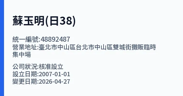 蘇玉明(日38)的照片-統編 48892487(臺北市) 公司登記資料與營業項目詳細圖表