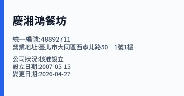 慶湘鴻餐坊的照片-統編 48892711(臺北市) 公司登記資料與營業項目詳細圖表