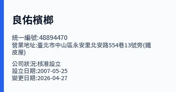 良佑檳榔的照片-統編 48894470(臺北市) 公司登記資料與營業項目詳細圖表