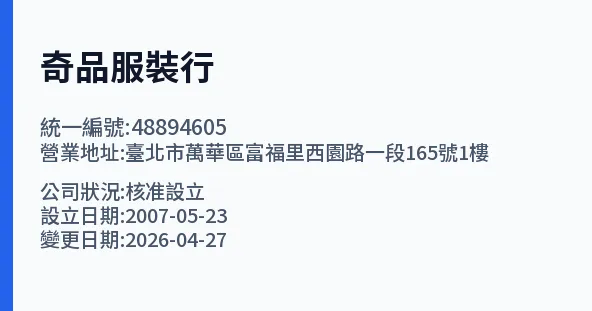 奇品服裝行的照片-統編 48894605(臺北市) 公司登記資料與營業項目詳細圖表