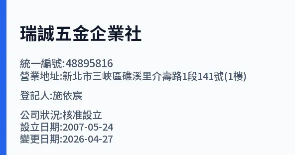 瑞誠五金企業社的照片-統編 48895816(新北市) 公司登記資料與營業項目詳細圖表