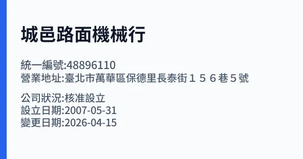 城邑路面機械行的照片-統編 48896110(臺北市) 公司登記資料與營業項目詳細圖表