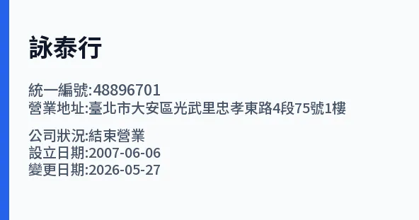 詠泰行的照片-統編 48896701(臺北市) 公司登記資料與營業項目詳細圖表