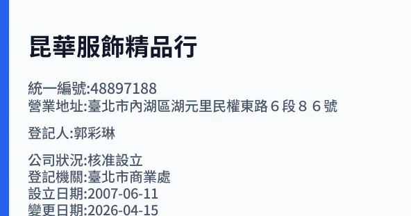 昆華服飾精品行的照片-統編 48897188(臺北市) 公司登記資料與營業項目詳細圖表