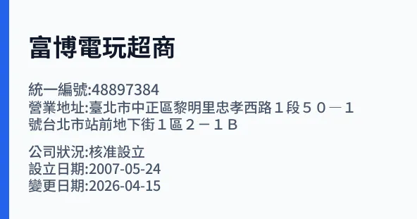 富博電玩超商的照片-統編 48897384(臺北市) 公司登記資料與營業項目詳細圖表