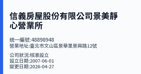 信義房屋股份有限公司景美靜心營業所的照片-統編 48898948(臺北市) 公司登記資料與營業項目詳細圖表