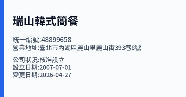 瑞山韓式簡餐的照片-統編 48899658(臺北市) 公司登記資料與營業項目詳細圖表