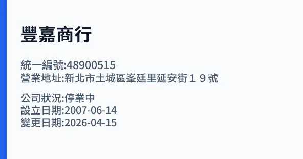 豐嘉商行的照片-統編 48900515(新北市) 公司登記資料與營業項目詳細圖表