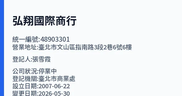 弘翔國際商行的照片-統編 48903301(臺北市) 公司登記資料與營業項目詳細圖表