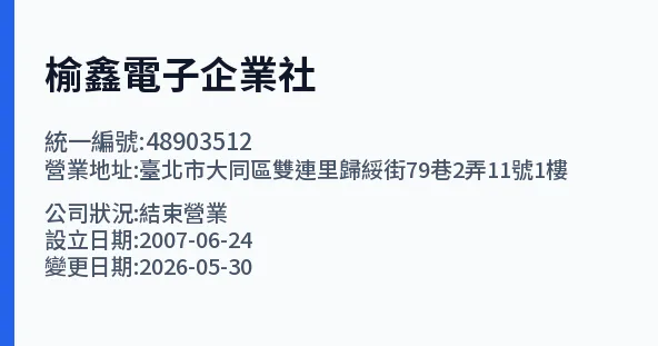 榆鑫電子企業社的照片-統編 48903512(臺北市) 公司登記資料與營業項目詳細圖表