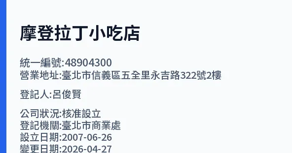 摩登拉丁小吃店的照片-統編 48904300(臺北市) 公司登記資料與營業項目詳細圖表