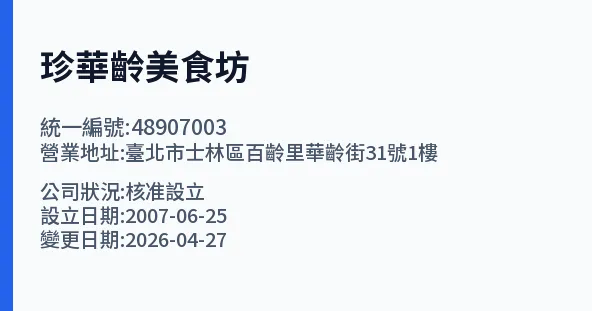 珍華齡美食坊的照片-統編 48907003(臺北市) 公司登記資料與營業項目詳細圖表
