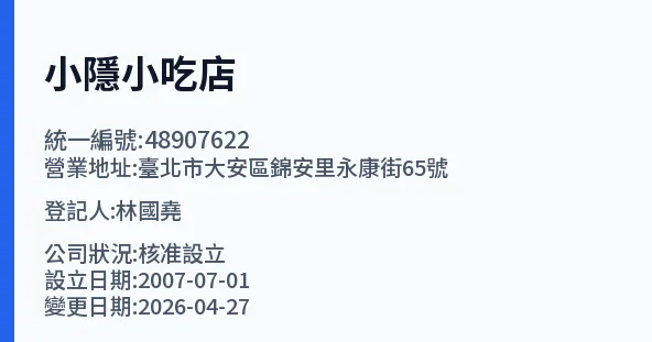 小隱小吃店的照片-統編 48907622(臺北市) 公司登記資料與營業項目詳細圖表