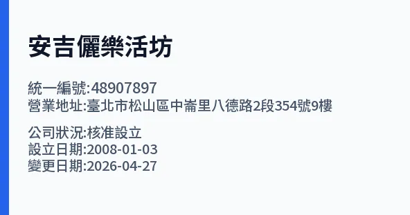 安吉儷樂活坊的照片-統編 48907897(臺北市) 公司登記資料與營業項目詳細圖表
