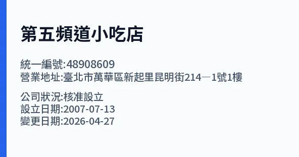 第五頻道小吃店的照片-統編 48908609(臺北市) 公司登記資料與營業項目詳細圖表