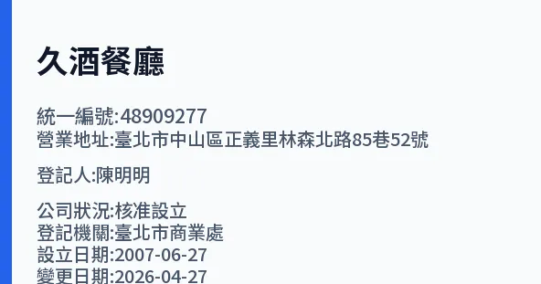 久酒餐廳的照片-統編 48909277(臺北市) 公司登記資料與營業項目詳細圖表