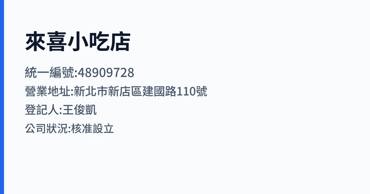 來喜小吃店 - 統編 48909728(臺北市) 公司登記資料與營業項目詳細圖表