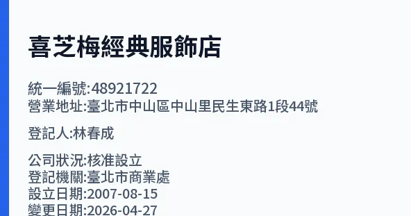 喜芝梅經典服飾店的照片-統編 48921722(臺北市) 公司登記資料與營業項目詳細圖表