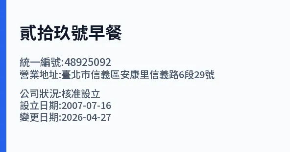 貳拾玖號早餐的照片-統編 48925092(臺北市) 公司登記資料與營業項目詳細圖表
