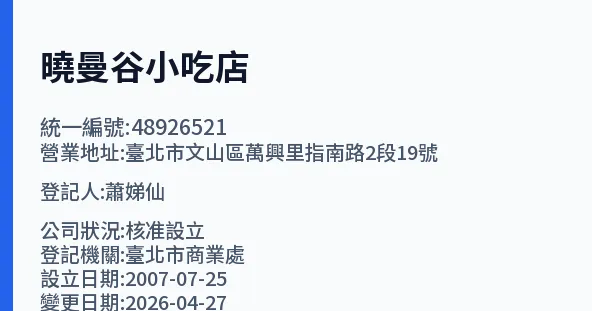 曉曼谷小吃店的照片-統編 48926521(臺北市) 公司登記資料與營業項目詳細圖表
