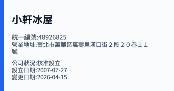 小軒冰屋的照片-統編 48926825(臺北市) 公司登記資料與營業項目詳細圖表