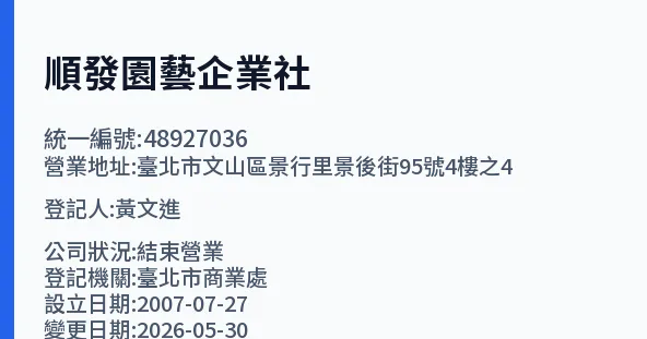 順發園藝企業社的照片-統編 48927036(臺北市) 公司登記資料與營業項目詳細圖表