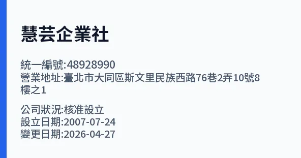 慧芸企業社的照片-統編 48928990(臺北市) 公司登記資料與營業項目詳細圖表