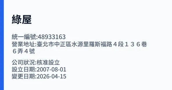 綠屋的照片-統編 48933163(臺北市) 公司登記資料與營業項目詳細圖表