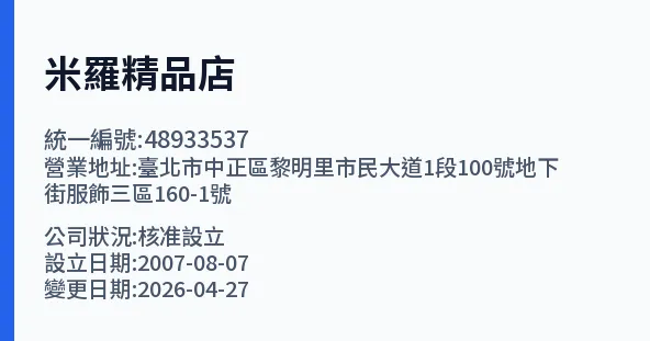 米羅精品店的照片-統編 48933537(臺北市) 公司登記資料與營業項目詳細圖表