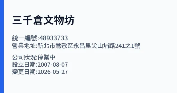 三千倉文物坊的照片-統編 48933733(新北市) 公司登記資料與營業項目詳細圖表