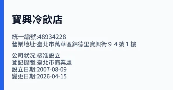 寶興冷飲店的照片-統編 48934228(臺北市) 公司登記資料與營業項目詳細圖表