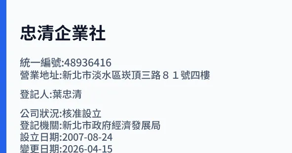 忠清企業社的照片-統編 48936416(新北市) 公司登記資料與營業項目詳細圖表