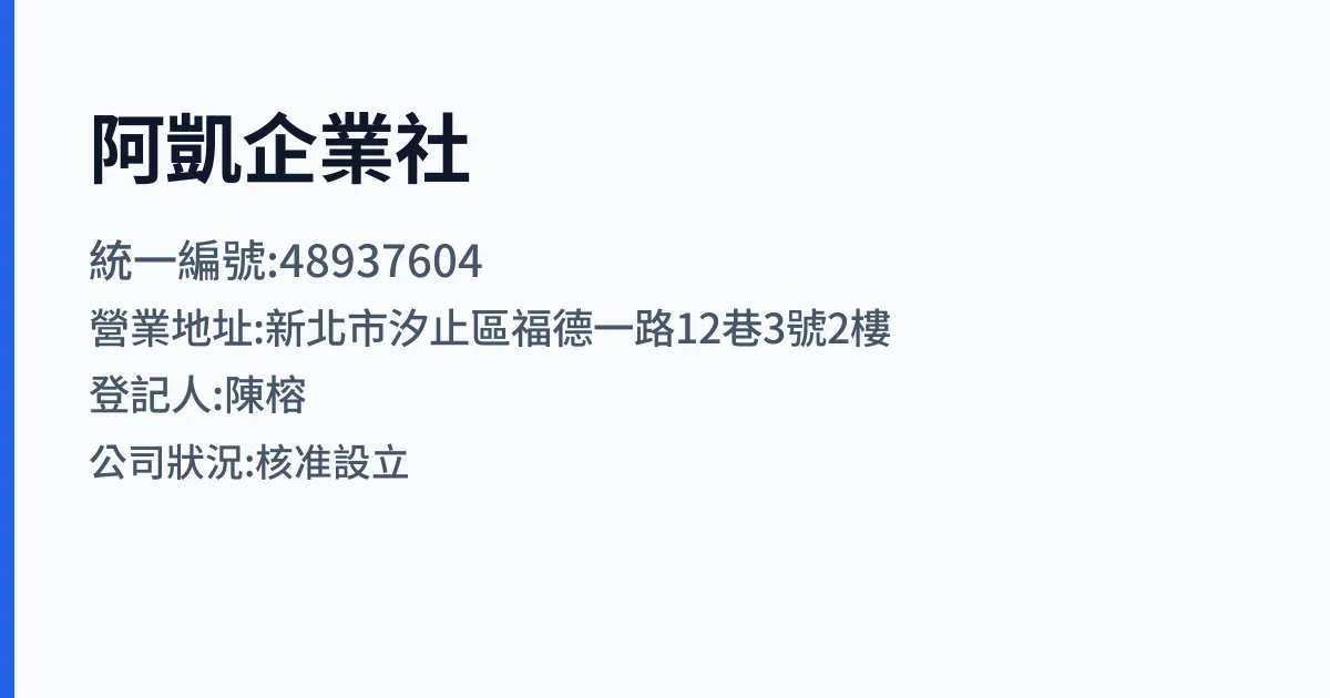 阿凱企業社 - 統編 48937604(新北市) 公司登記資料與營業項目詳細圖表