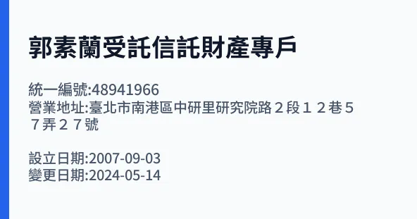 郭素蘭受託信託財產專戶的照片-統編 48941966(臺北市) 公司登記資料與營業項目詳細圖表