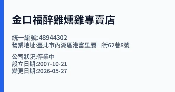 金口福醉雞燻雞專賣店的照片-統編 48944302(臺北市) 公司登記資料與營業項目詳細圖表