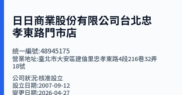 日日商業股份有限公司台北忠孝東路門市店的照片-統編 48945175(臺北市) 公司登記資料與營業項目詳細圖表