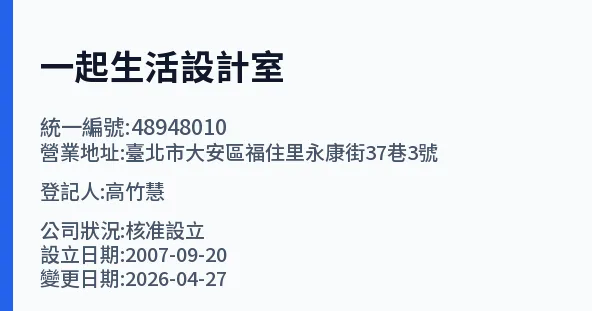 一起生活設計室的照片-統編 48948010(臺北市) 公司登記資料與營業項目詳細圖表