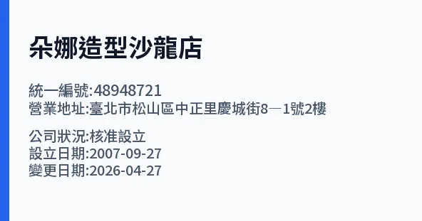 朵娜造型沙龍店的照片-統編 48948721(臺北市) 公司登記資料與營業項目詳細圖表
