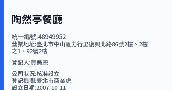 陶然亭餐廳的照片-統編 48949952(臺北市) 公司登記資料與營業項目詳細圖表