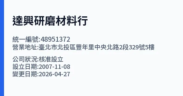 達興研磨材料行的照片-統編 48951372(臺北市) 公司登記資料與營業項目詳細圖表