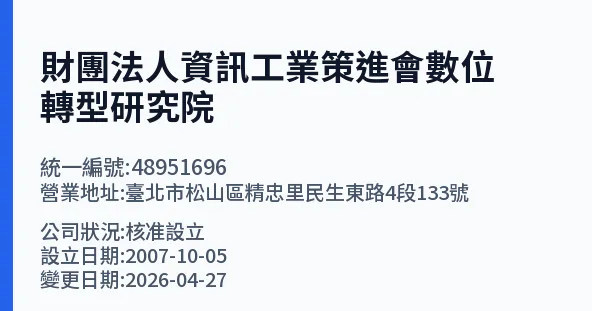 財團法人資訊工業策進會數位轉型研究院的照片-統編 48951696(臺北市) 公司登記資料與營業項目詳細圖表