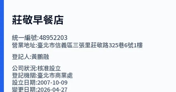 莊敬早餐店的照片-統編 48952203(臺北市) 公司登記資料與營業項目詳細圖表