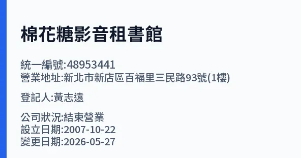 棉花糖影音租書館的照片-統編 48953441(新北市) 公司登記資料與營業項目詳細圖表