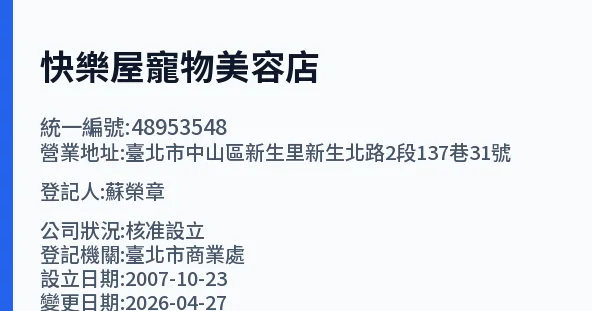 快樂屋寵物美容店的照片-統編 48953548(臺北市) 公司登記資料與營業項目詳細圖表
