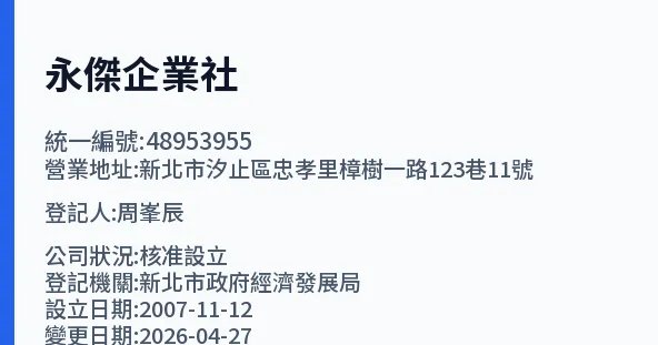 永傑企業社的照片-統編 48953955(新北市) 公司登記資料與營業項目詳細圖表