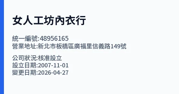 女人工坊內衣行的照片-統編 48956165(新北市) 公司登記資料與營業項目詳細圖表