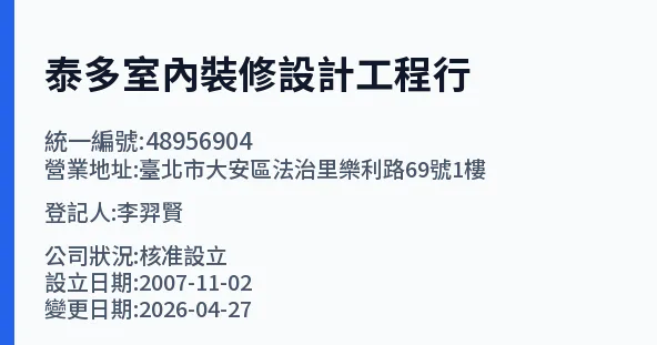泰多室內裝修設計工程行的照片-統編 48956904(臺北市) 公司登記資料與營業項目詳細圖表