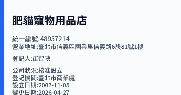 肥貓寵物用品店的照片-統編 48957214(臺北市) 公司登記資料與營業項目詳細圖表