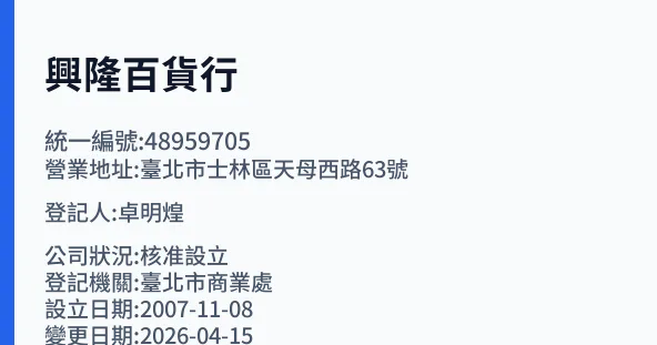 興隆百貨行的照片-統編 48959705(臺北市) 公司登記資料與營業項目詳細圖表