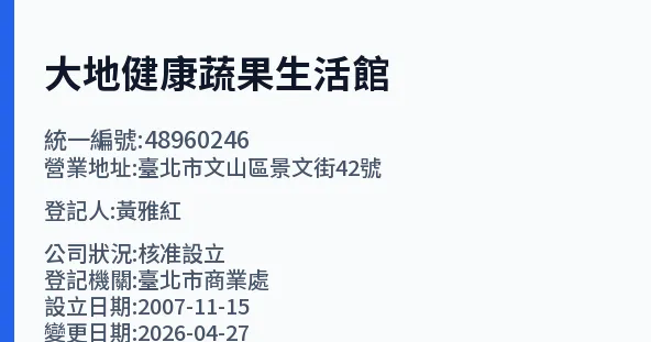 大地健康蔬果生活館的照片-統編 48960246(臺北市) 公司登記資料與營業項目詳細圖表